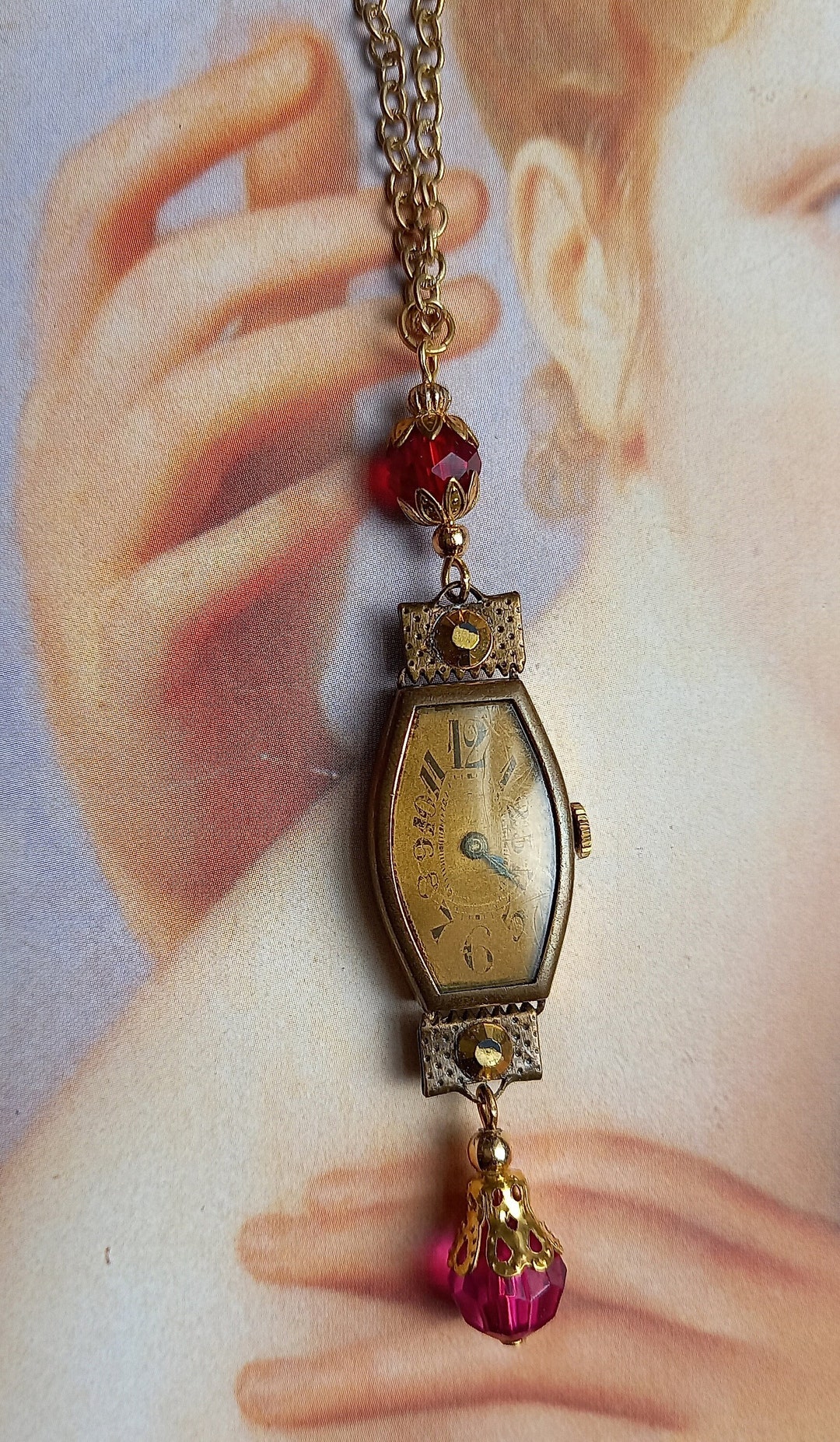 Customized Pearl and Rhinestone Vintage Watch Pendant, Bronze Chain. - Etsy