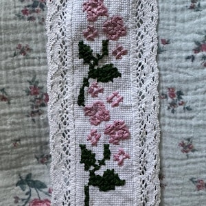 Handmade White Lace Cross Stitch Bookmark - Pink Flowers + Green - Etsy