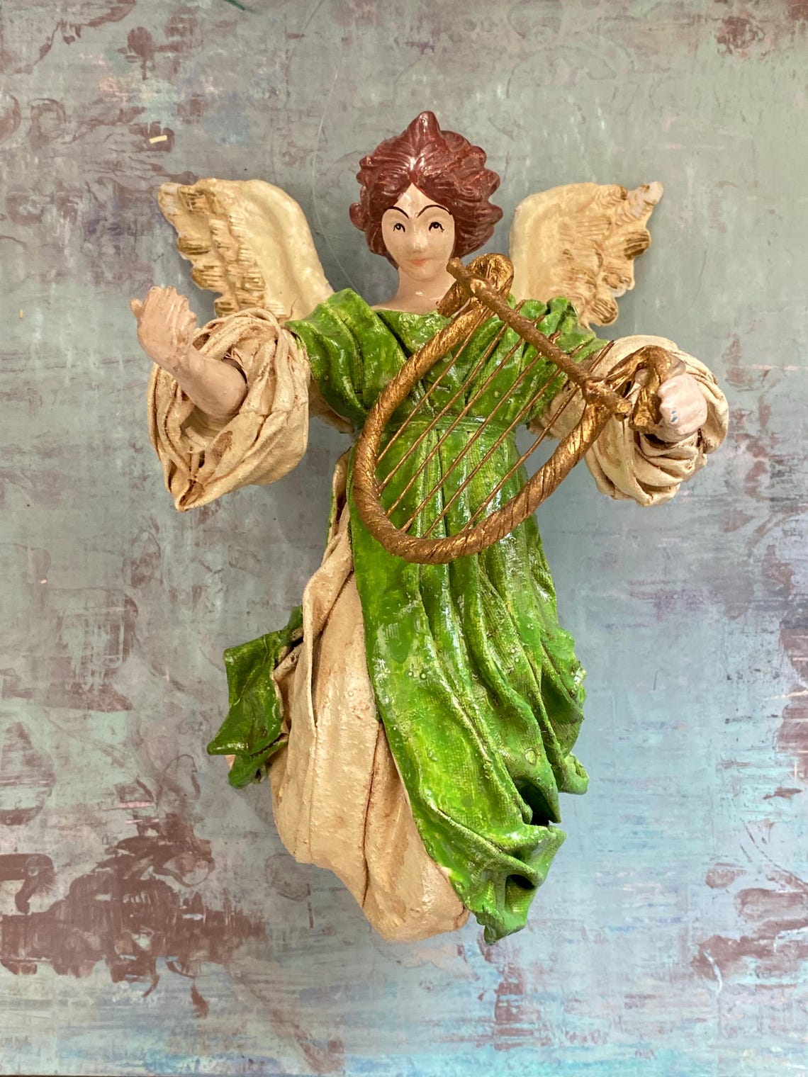 Vintage Cartapesta Angel Ornament: Hand-painted Harp, Christmas Decor ...