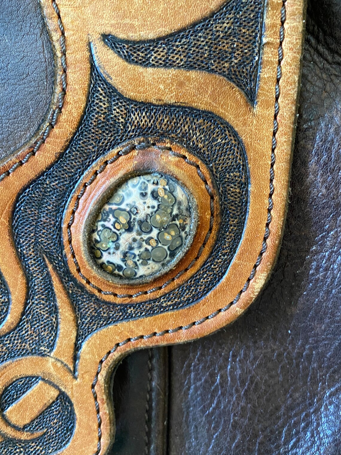 1970s Vintage Brown Tooled Shoulder Bags With Three Semi Prescious ...