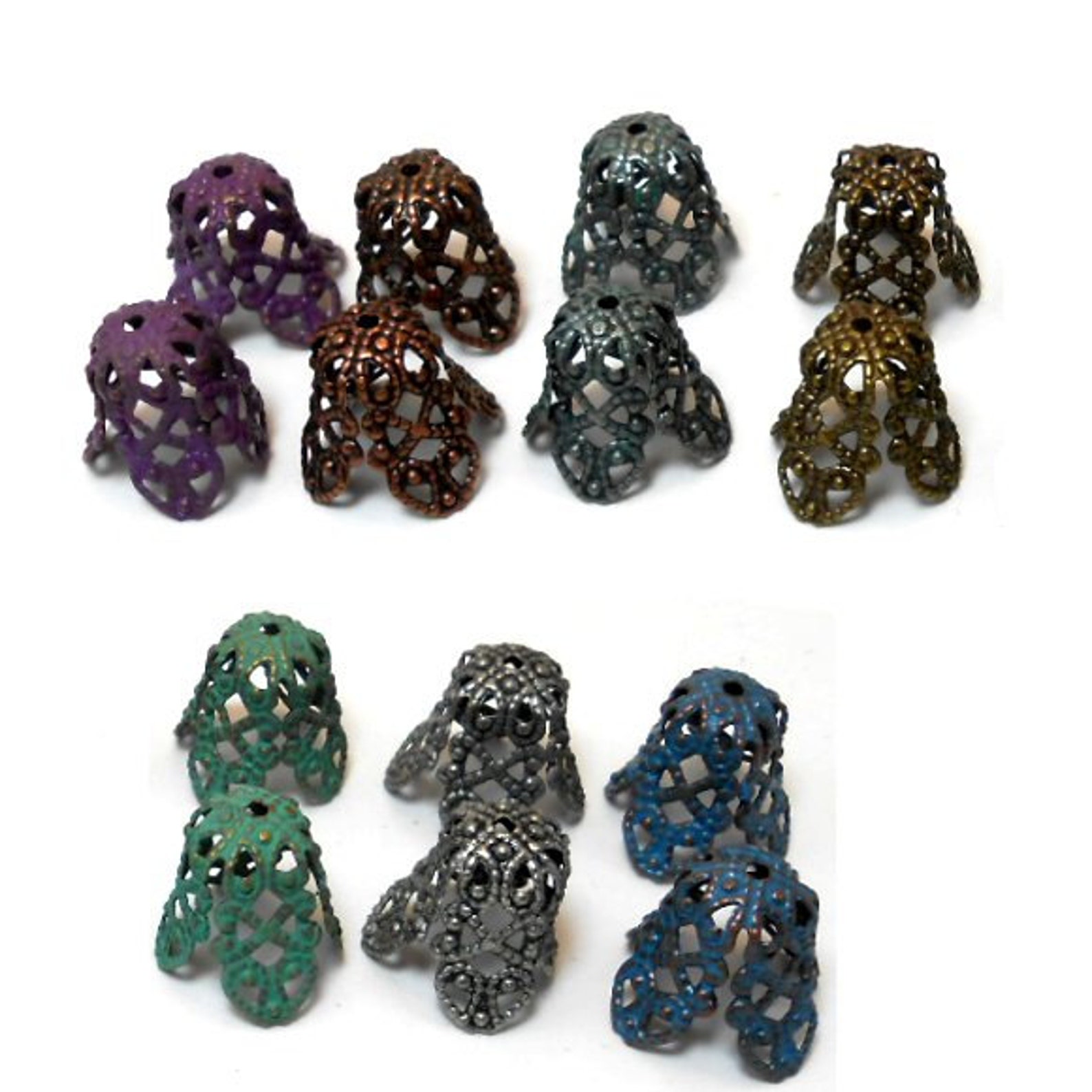 14 Bead Caps 7 Different Colors Patina. Round Filigree Hand - Etsy