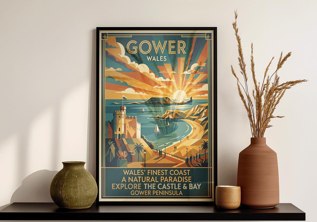 Vintage Gower Wales Travel Poster – Retro Coastal Wall Art Print - Etsy