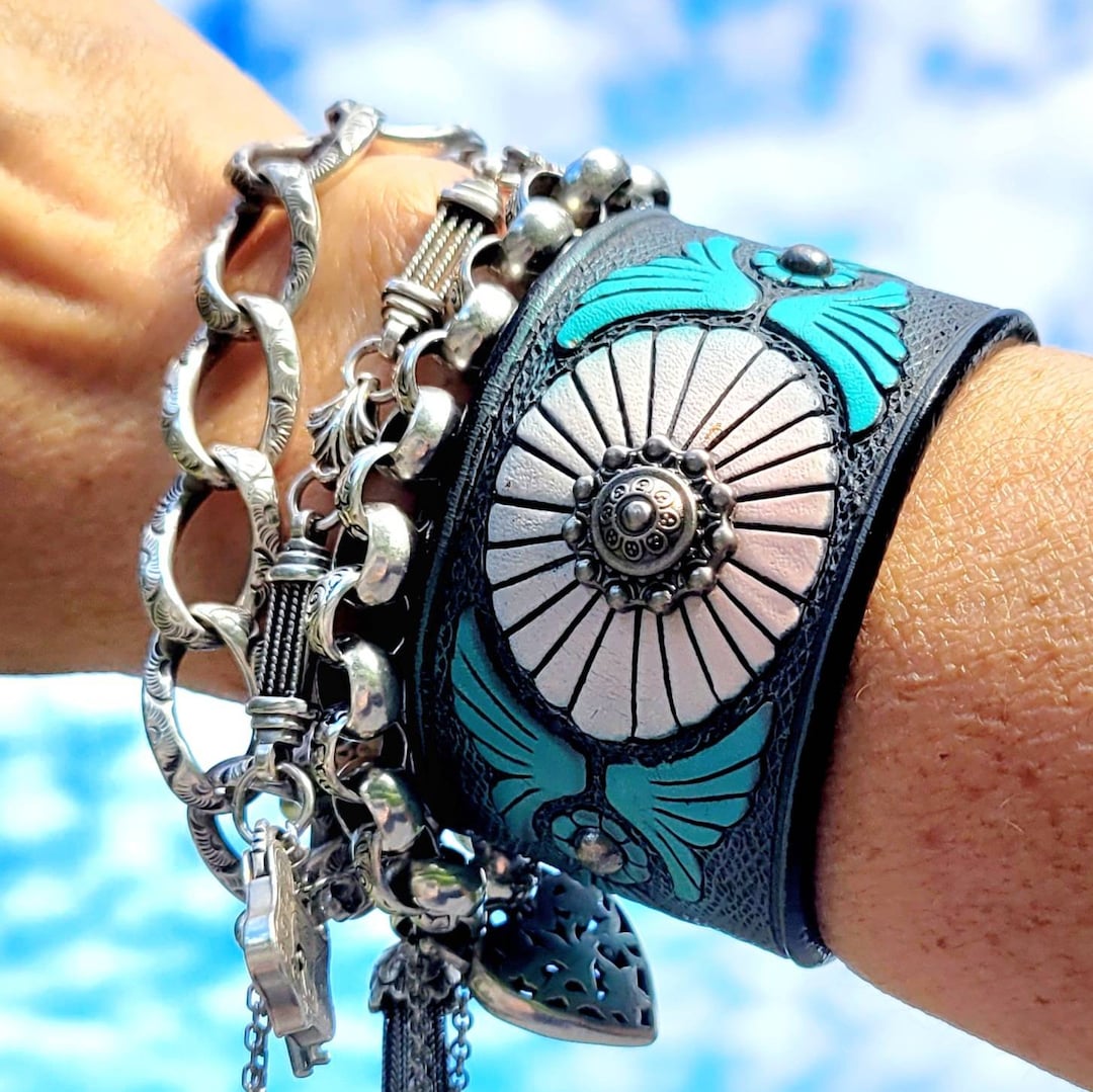 Hand Painted Turquoise Blue Leather Bracelet - Etsy