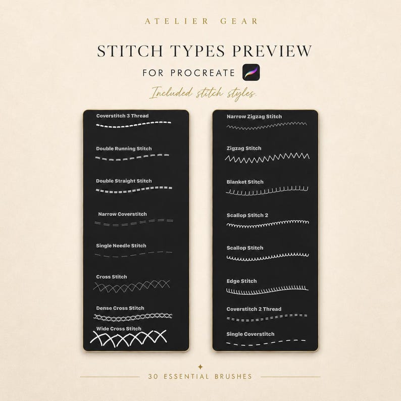 30 Procreate Stitch Brushes | Sewing & Seam Brush Set | Embroidery ...