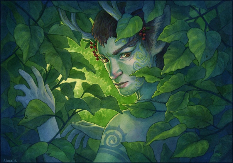 Green Man Faun in Forest Illustration 12x16 - SALE - Etsy
