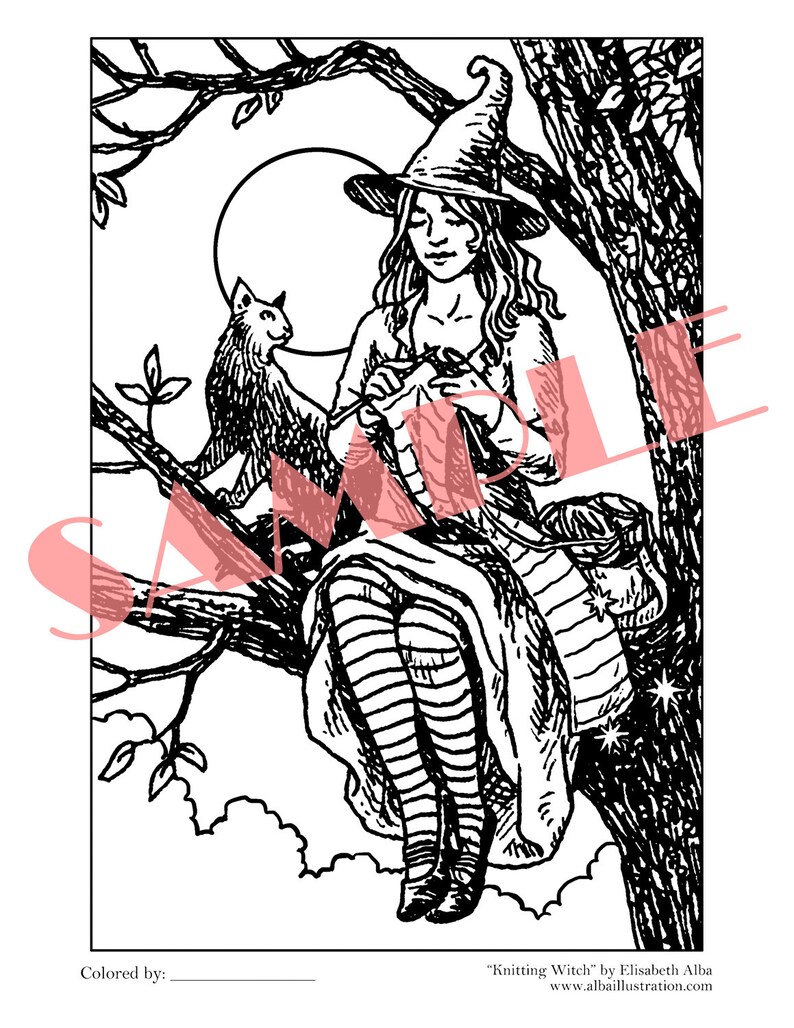 Coloring Book Page Printable PDF Download Knitting Witch - Etsy