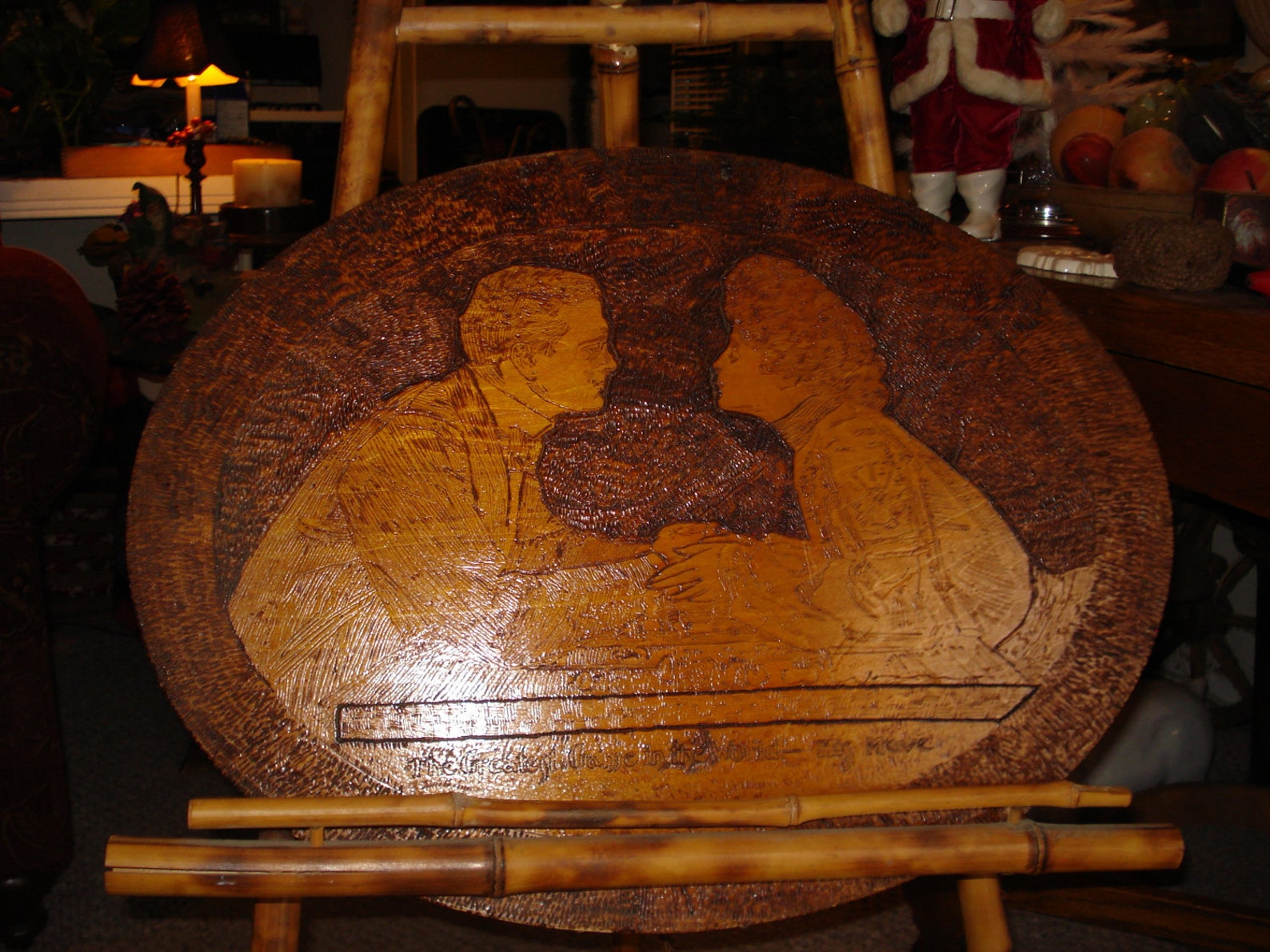 Charming Rare Antique Very Large Pyrography FOLK ART Wood Burned Lovers ...