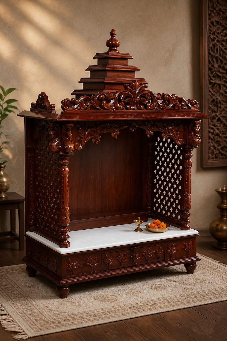 Handcarved Teak Wood Pooja Mandir With Marble Base | Royal Indian Home ...