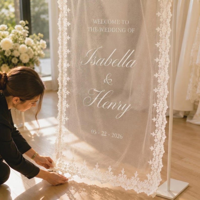 Wedding Welcome Sign Lace Tulle Transparent Banner Custom Bride Groom ...