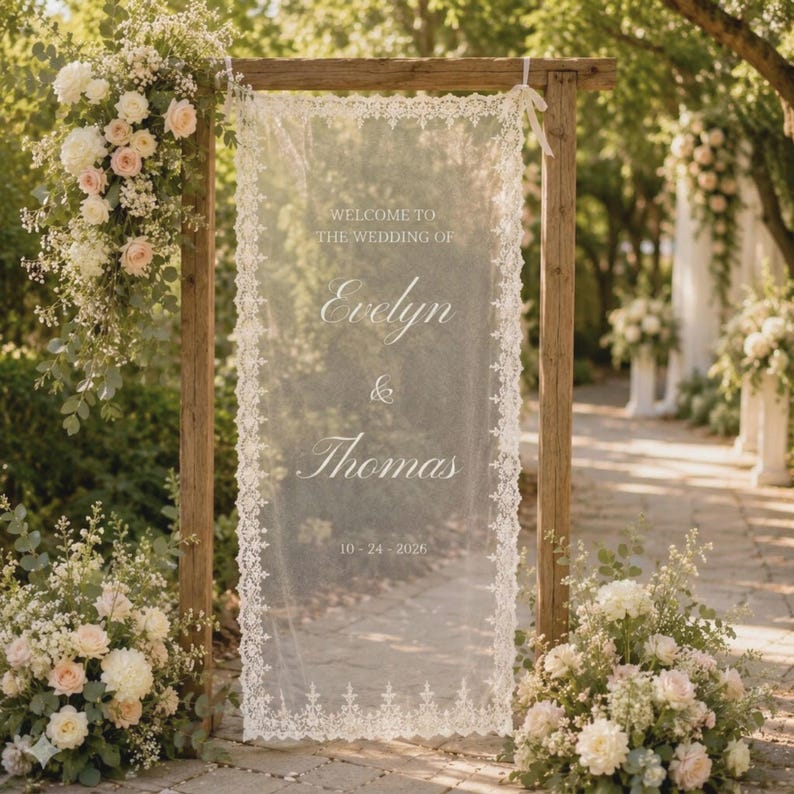 Wedding Welcome Sign Lace Tulle Transparent Banner Custom Bride Groom ...