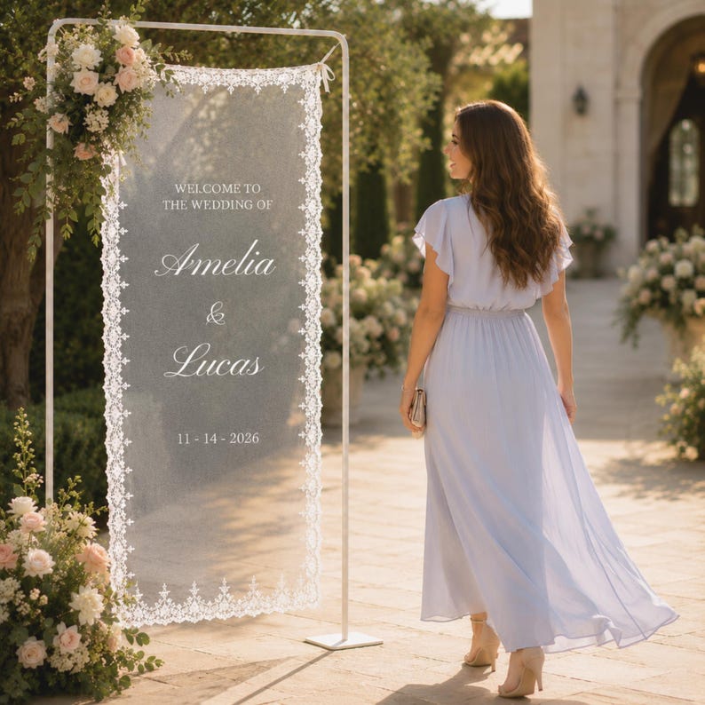 Wedding Welcome Sign Lace Tulle Transparent Banner Custom Bride Groom ...