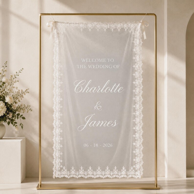 Wedding Welcome Sign Lace Tulle Transparent Banner Custom Bride Groom ...