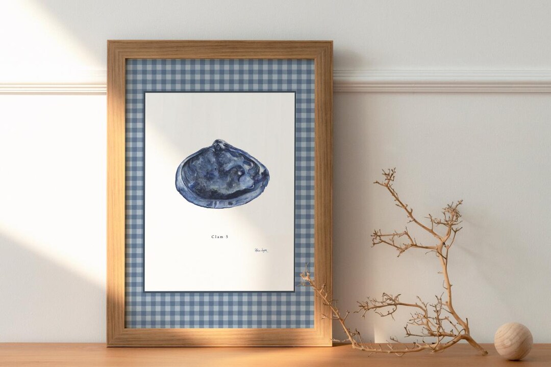 Coastal Clam Shell Art Print | Gingham Mat Border YOU PICK- Green, Blue ...
