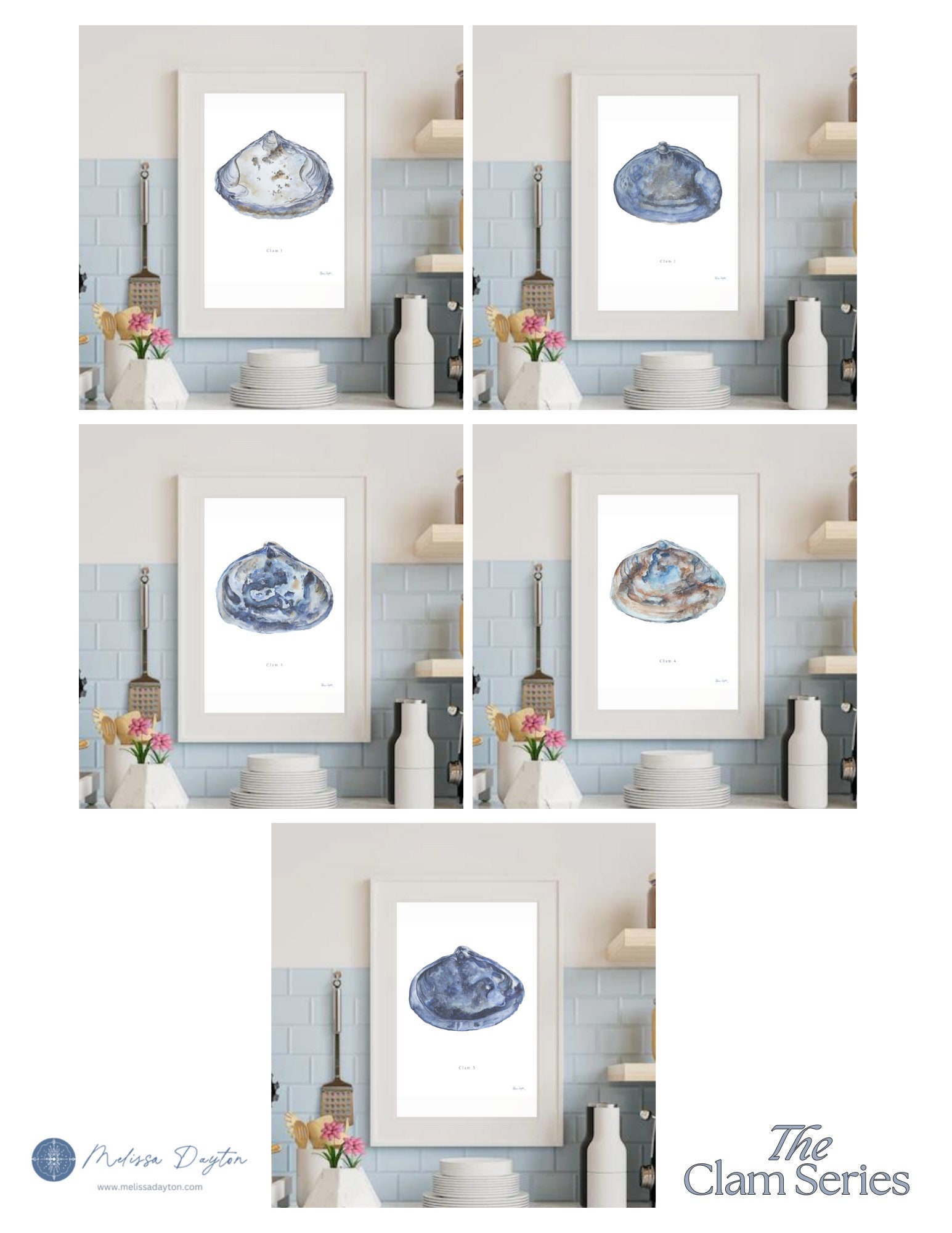 CLAM Art Prints Set of 6 Bundle Coastal Art Clam Coastal Art Clam ...