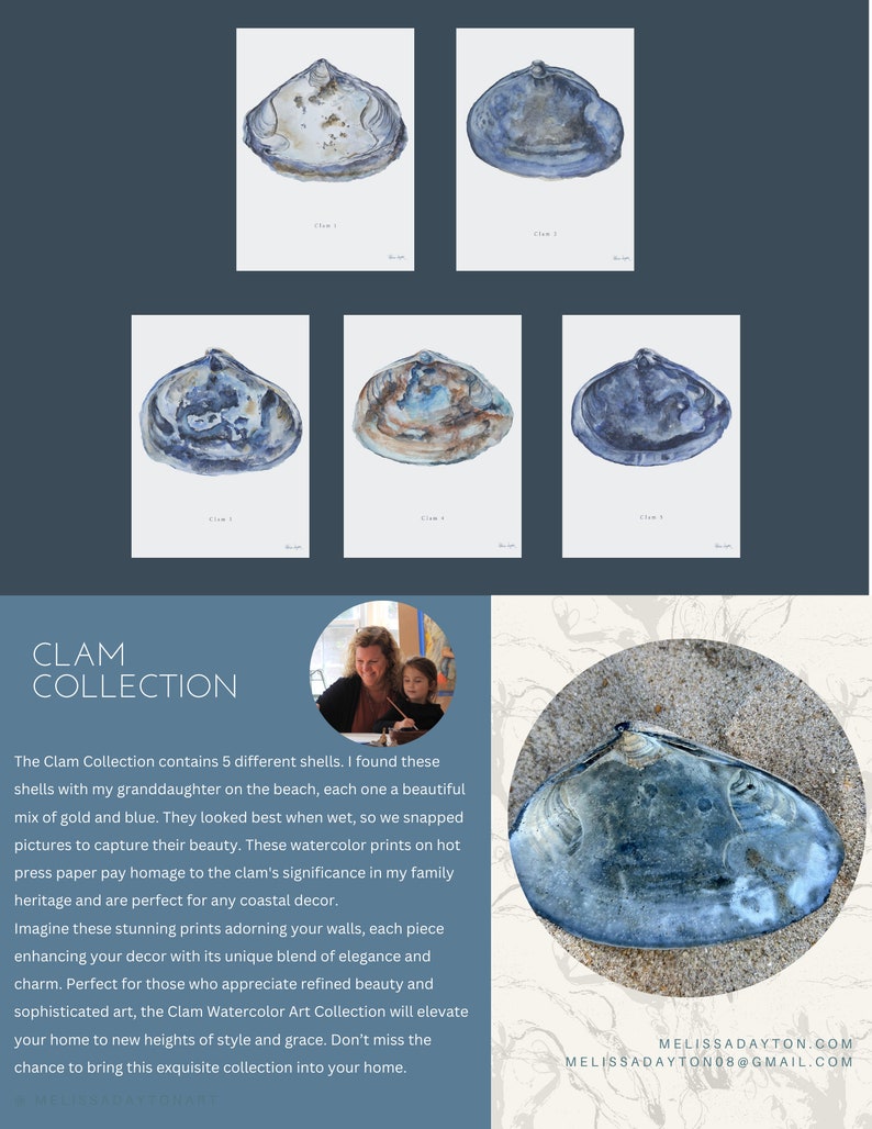 Side View 3 CLAMS Blue Shells Art Print Coastal Art CLAM Watercolor ...