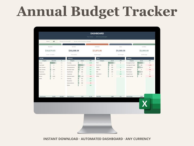 Annual Budget Tracker Spreadsheet Excel Monthly Planner Expense Income ...