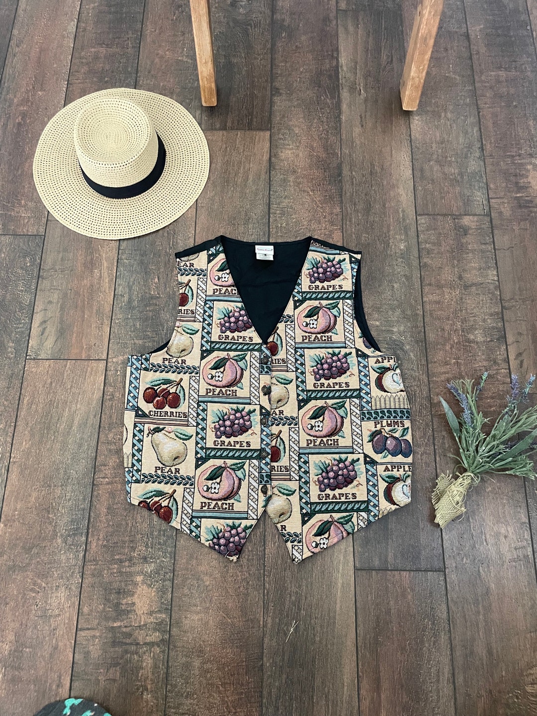 Vintage Summer Fruit Brocade Vest, 90s Floral Vest, Vintage Floral Vest ...