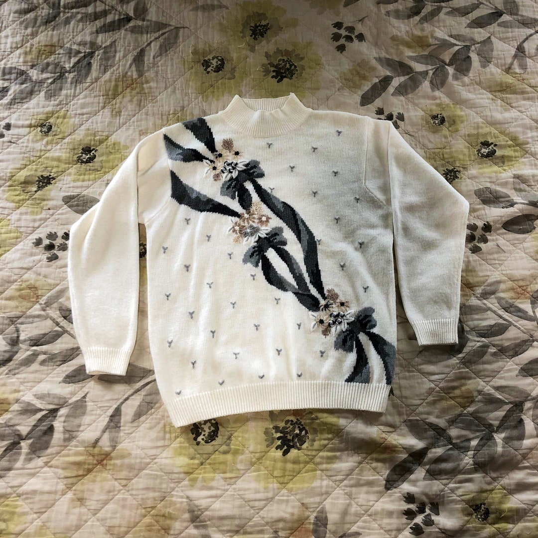 Vintage 90s Oversized Sweater, Vintage White Floral Sweater, Vintage ...