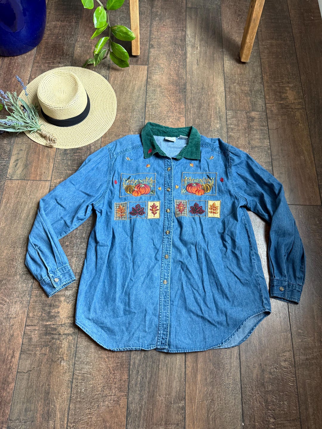 Vintage Denim Halloween Shirt, Chambray Halloween Shirt, Pumpkin Denim ...