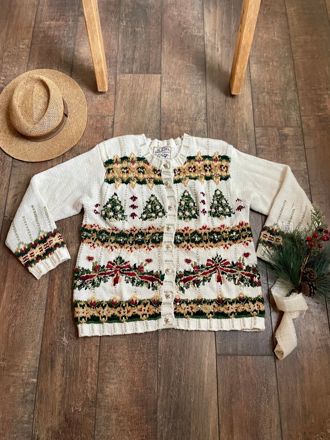 Vintage 90s Christmas Cardigan, Vintage Heirloom Collectibles Cardigan, Vintage Christmas Tree ...