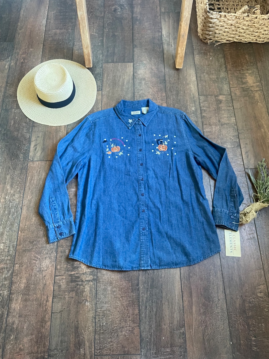 Vintage Denim Halloween Shirt, Chambray Halloween Shirt, Pumpkin Denim ...