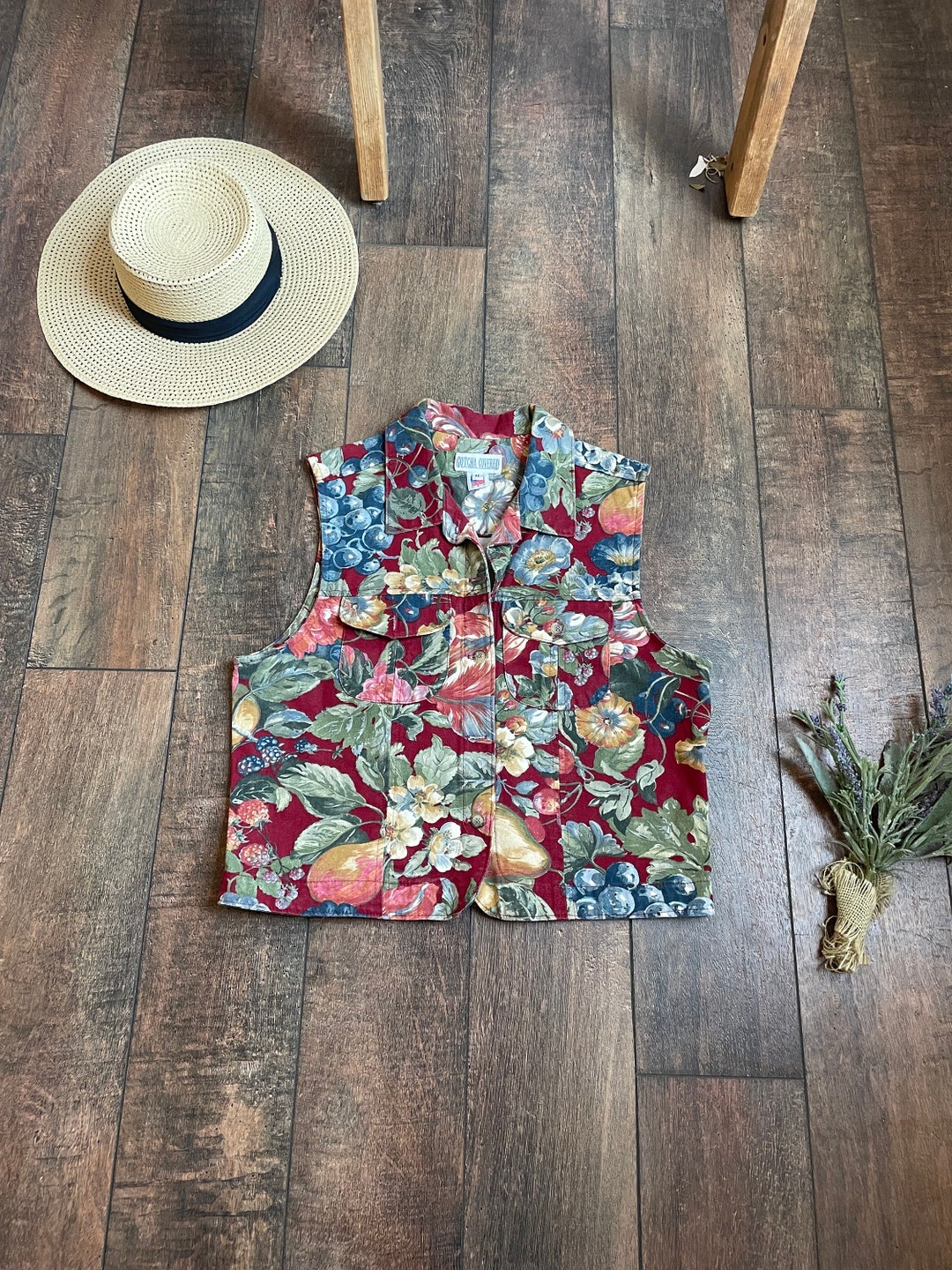 90s Vintage Floral Jean Vest, 90s Denim Collared Floral Vest, Made in ...