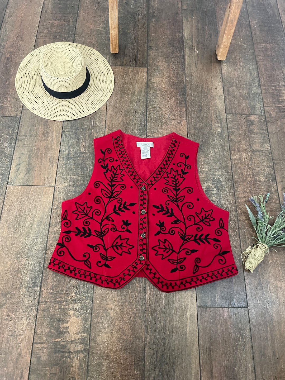 90s Vintage Red Floral Vest, Romantic Floral Vest,90s Wool Red Vest ...