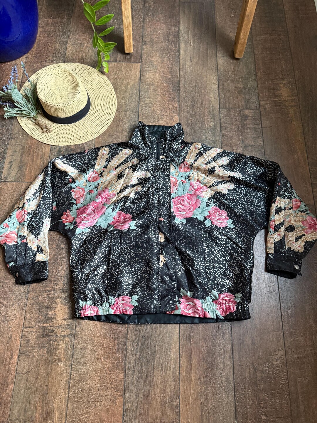 Vintage Reversible Floral/black Jacket, Satin Jacket, High Collar ...