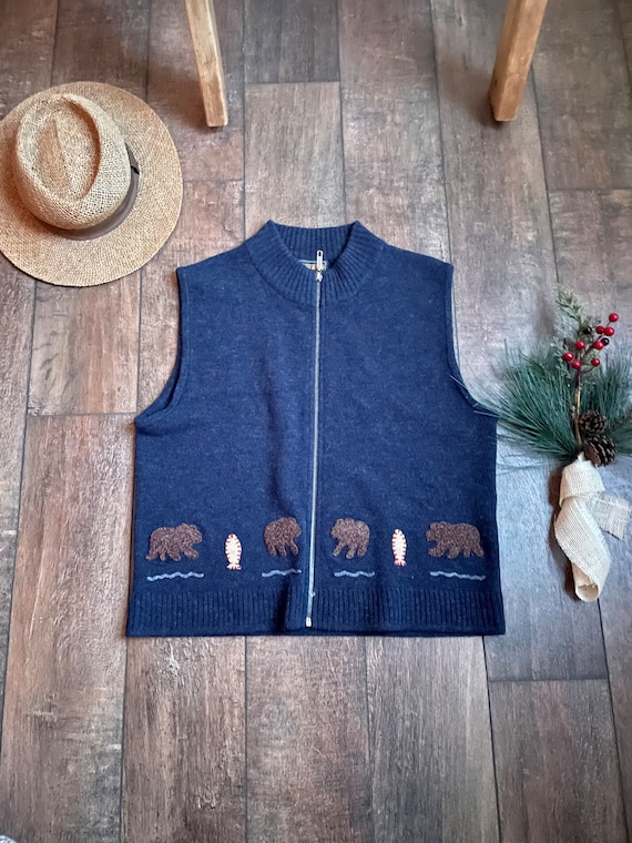Vintage 90s Grizzly Bear Sweater Vest, Vintage Wool B… - Gem