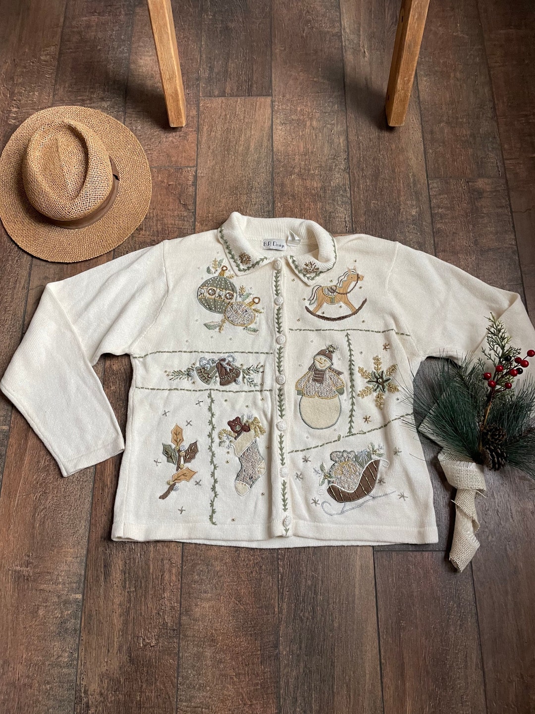 Vintage Beautiful 90s Christmas Sweater, Stocking Bear Cardigan, Vintage Snowman Sweater ...