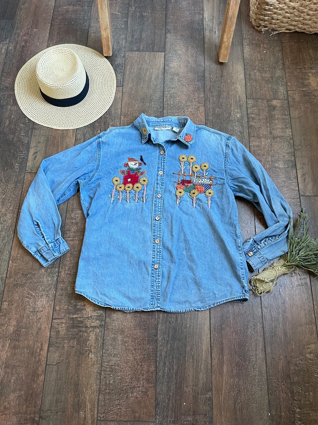 Vintage Denim Halloween Shirt, Chambray Halloween Shirt, Pumpkin Denim ...