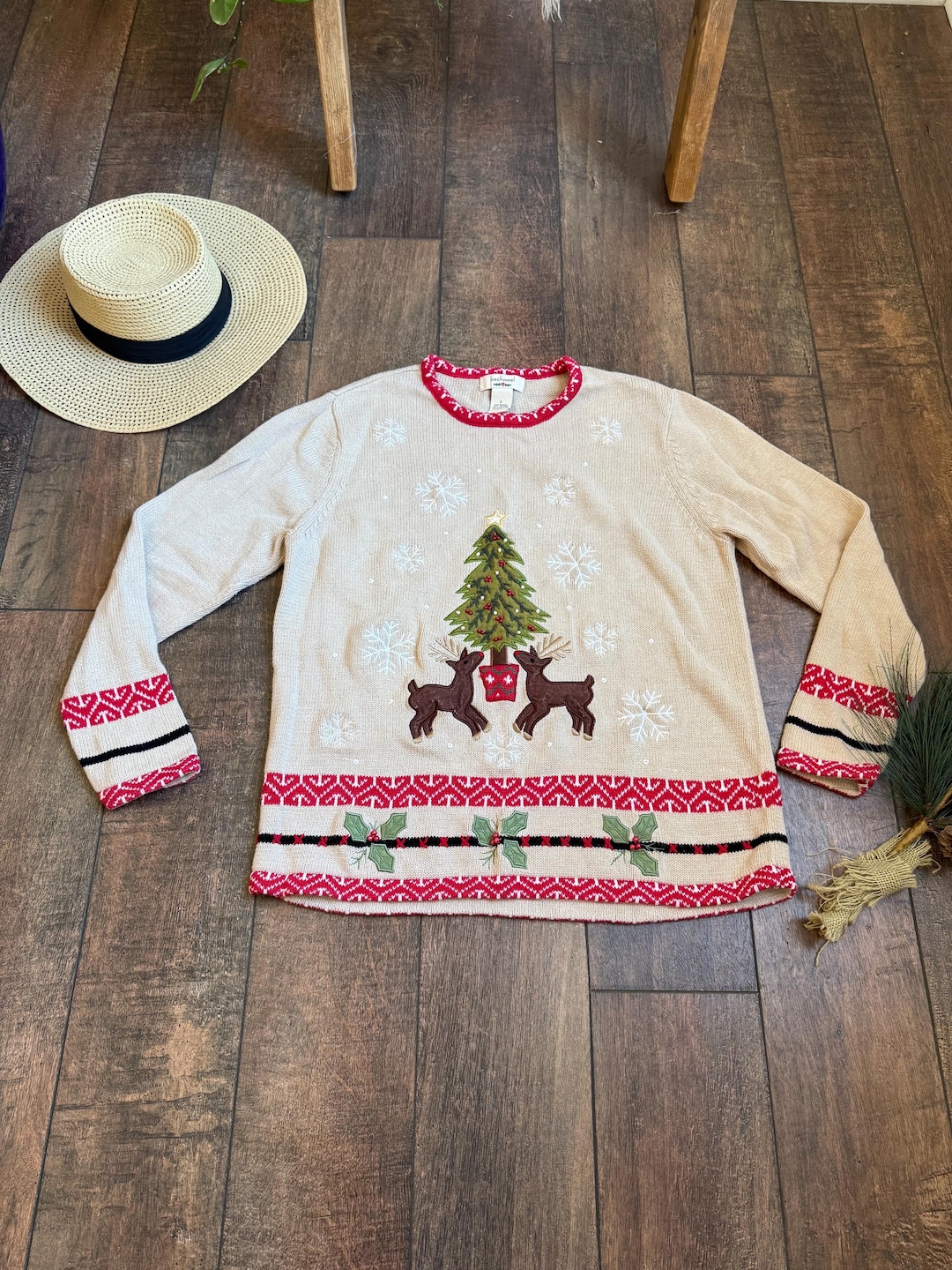 Vintage 90s Reindeer Sweater, 90s Christmas Tree Sweater, Vintage Deer ...