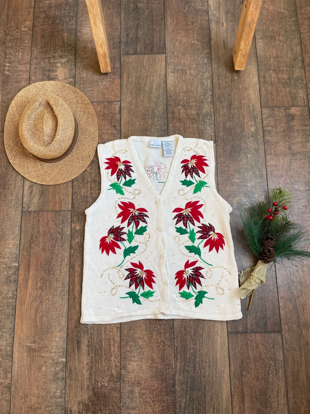 Vintage 90s Poinsettia Sweater Vest, 90s Christmas Vest, Vintage Christmas Poinsettia Sweater ...