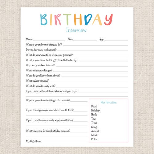 Printable Kids Birthday Interview Annual Interview Birthday - Etsy