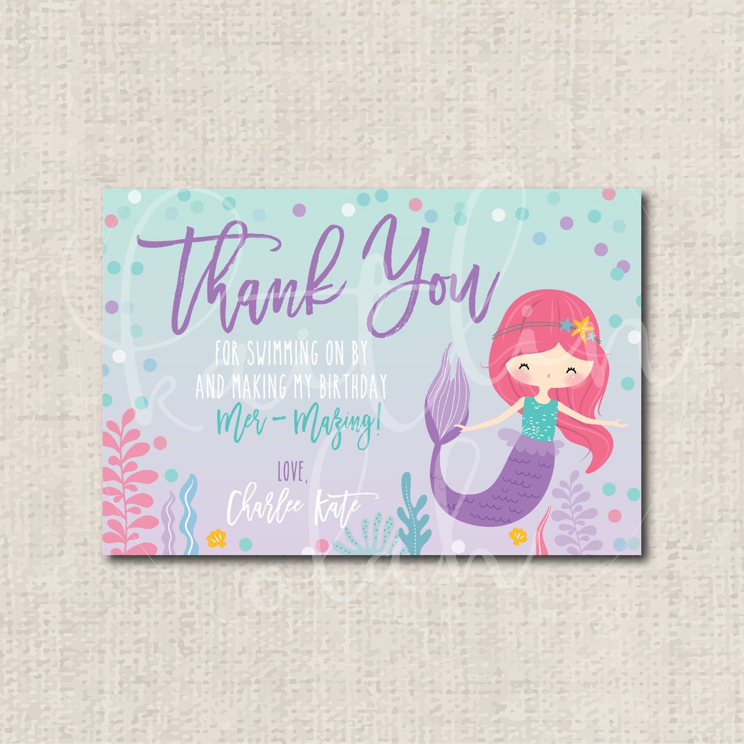 Custom Mermaid Birthday Thank You Card Printable PDF - Etsy