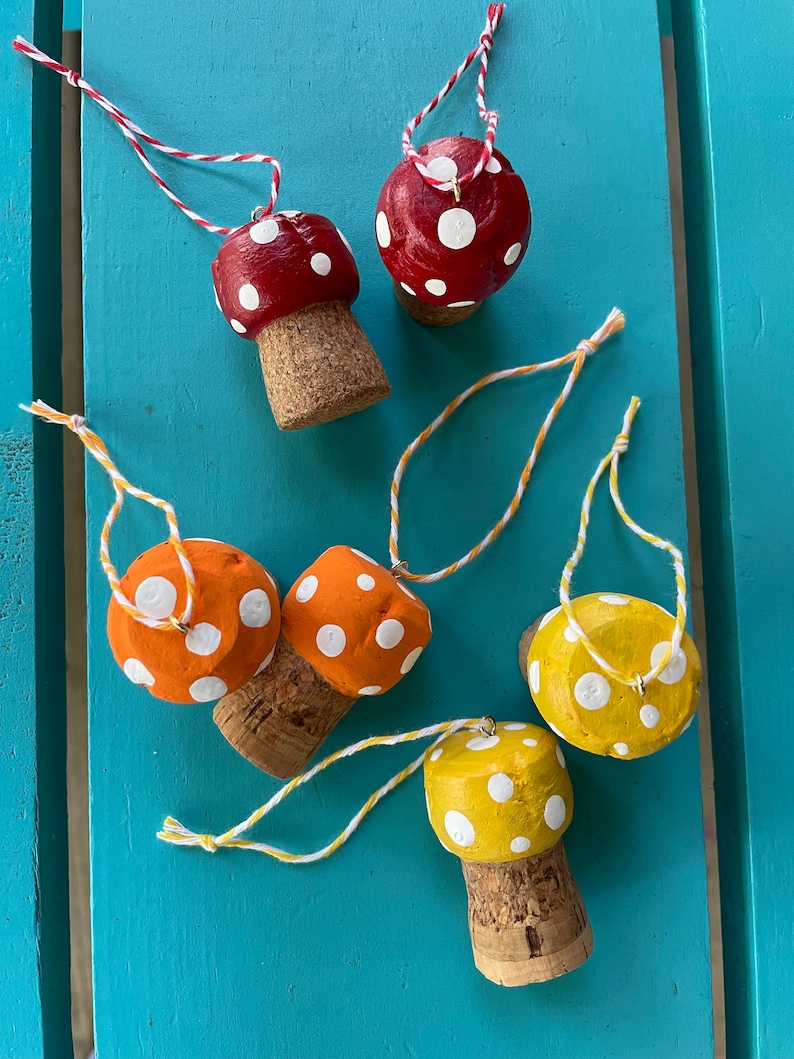 1.75” Rainbow Upcycled Champagne Cork Mushroom Tree Ornament, Cottage ...