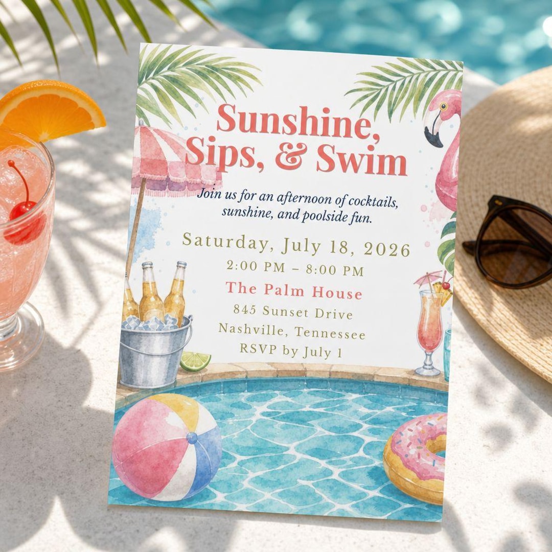 Tropical Pool Party Invitation, Watercolor Summer Cocktail Invite ...