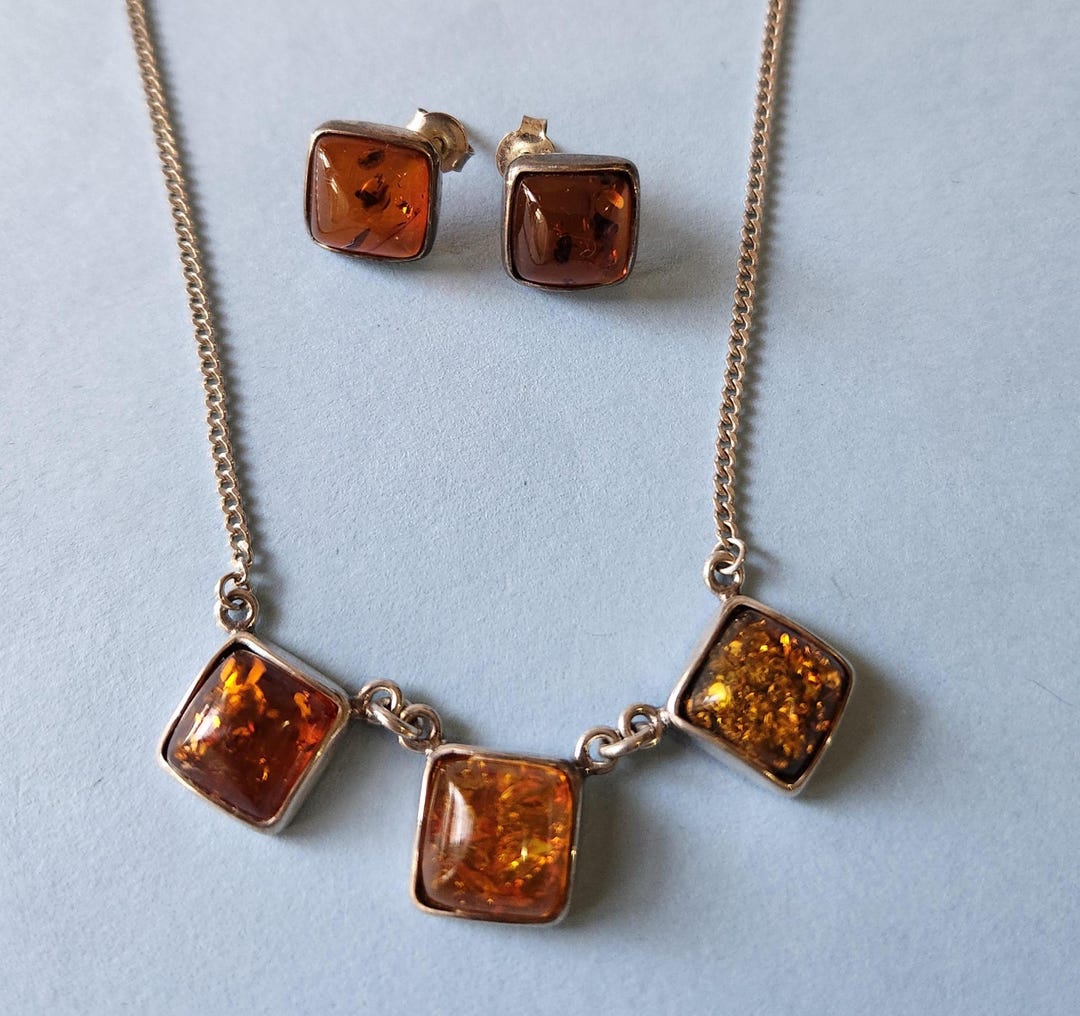 Vintage Amber Necklace and Earrings.sterling Silver Amber Jewelry ...