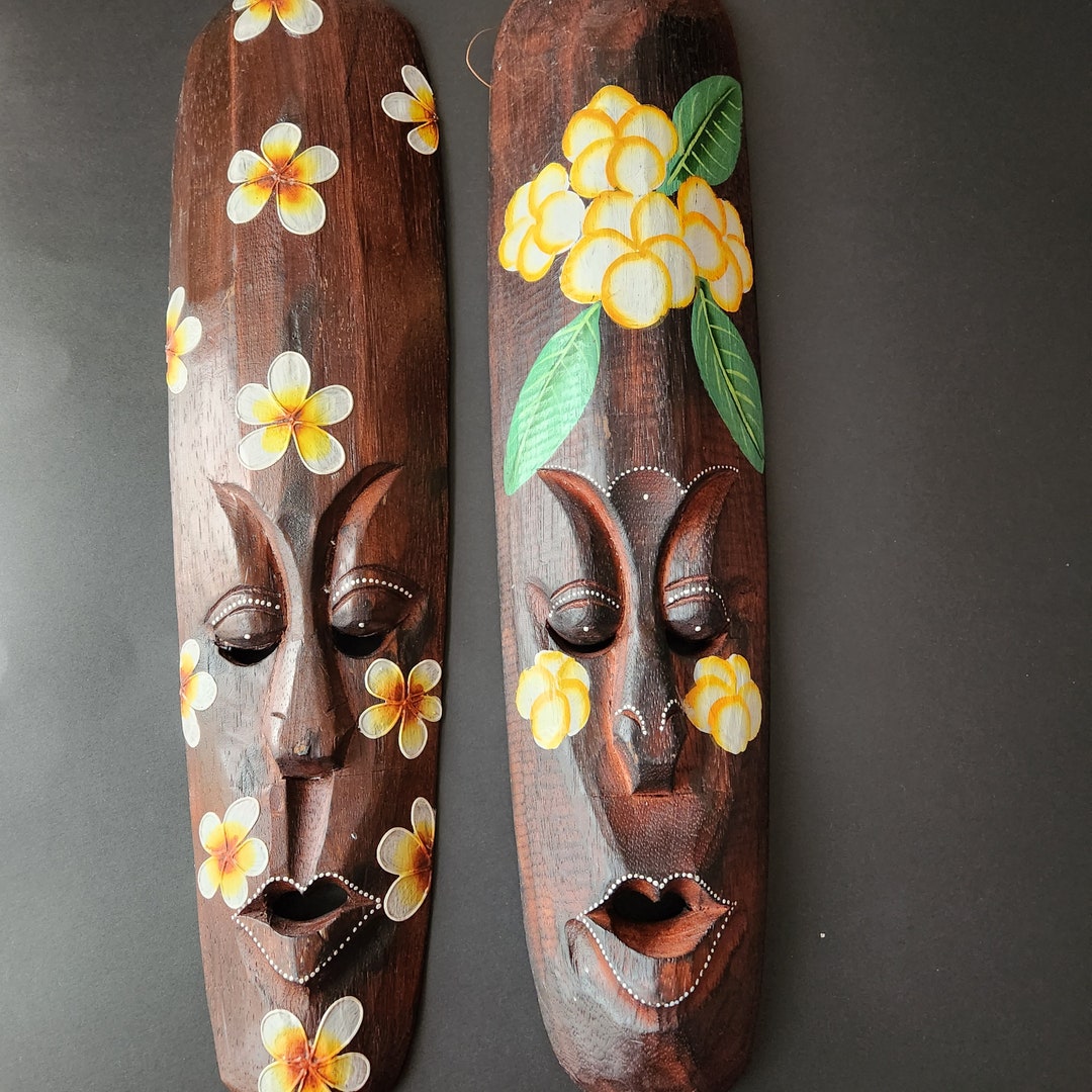 Wooden Hand Painted Mask. Hand Carved Wall Wooden Mask. Floral Carved ...