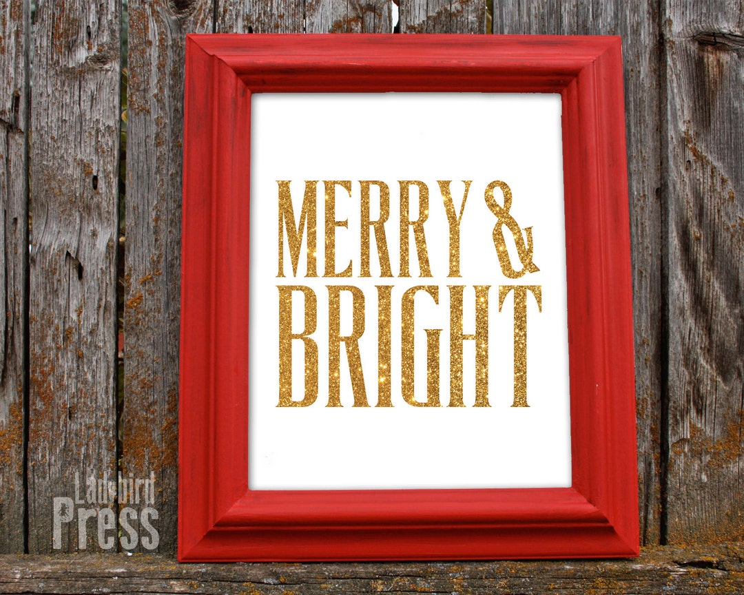 Printable Christmas Decor Merry and Bright Gold Glitter - Etsy