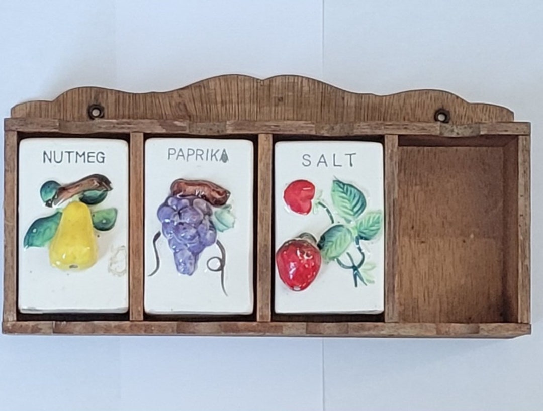 Vintage Wooden Spice Rack With 3 Ceramic Spice Holders - Made in Japan ...