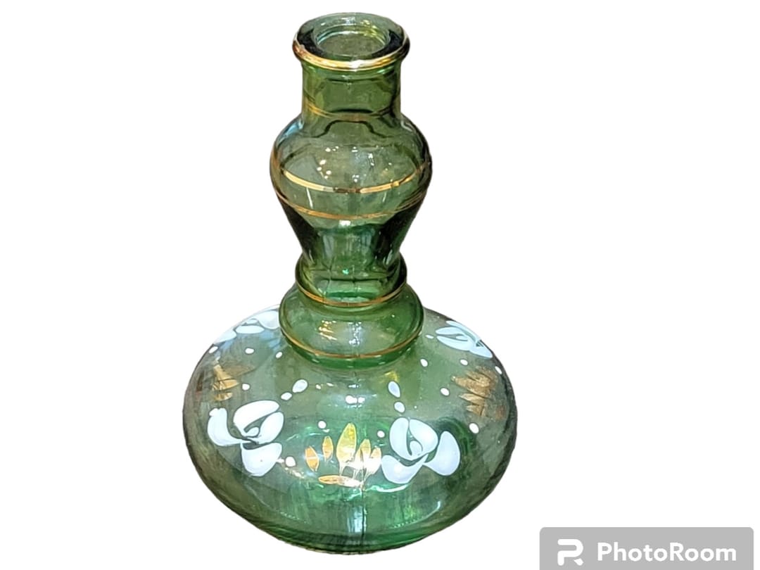 Vintage Italian Green Glass Hookah Vase by Brebbia - 1950s, 14k Gold Paint - Excellent Condition ...
