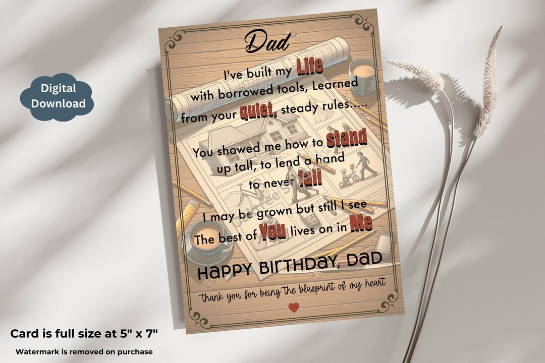 Printable Heartfelt Birthday Card for Dad, Blueprint of My Heart ...