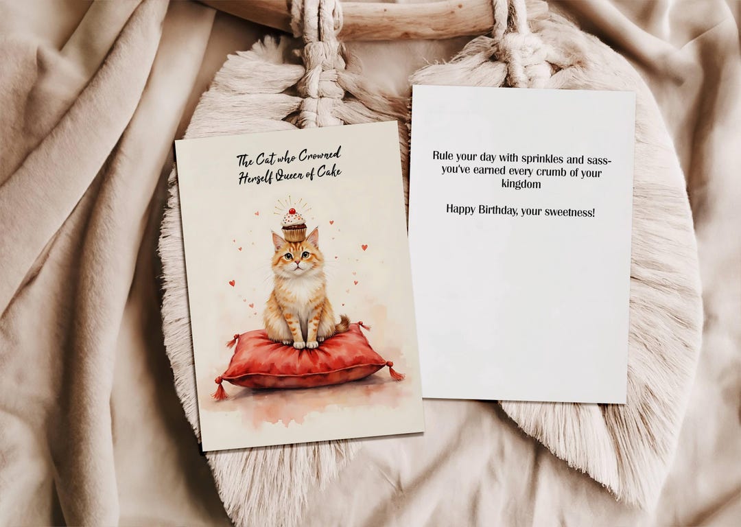 Cat Birthday Card: Queen of Cake, Whimsical Folk Art Design - Etsy