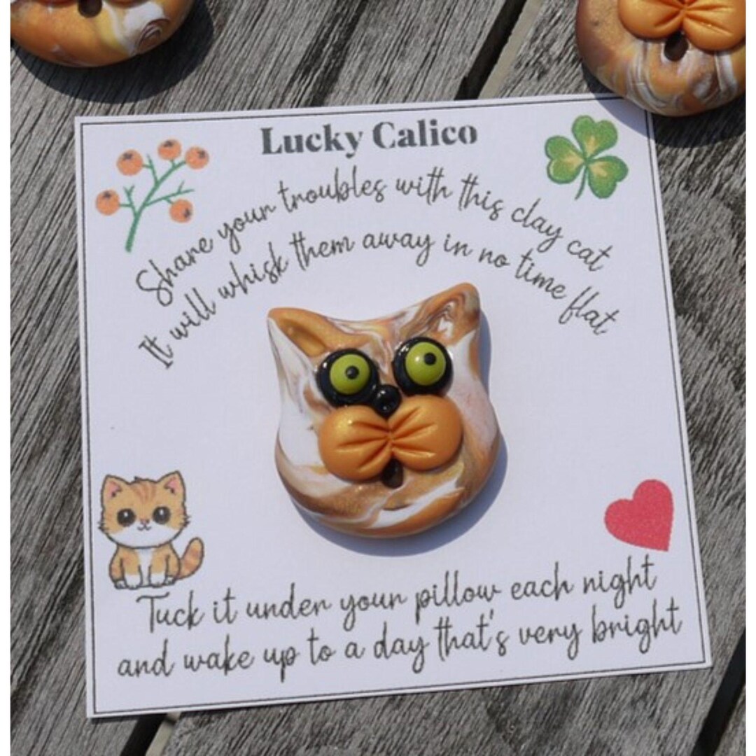 Calico Cat, Handmade Miniature Clay Lucky Token With Poem - Cute Desk ...