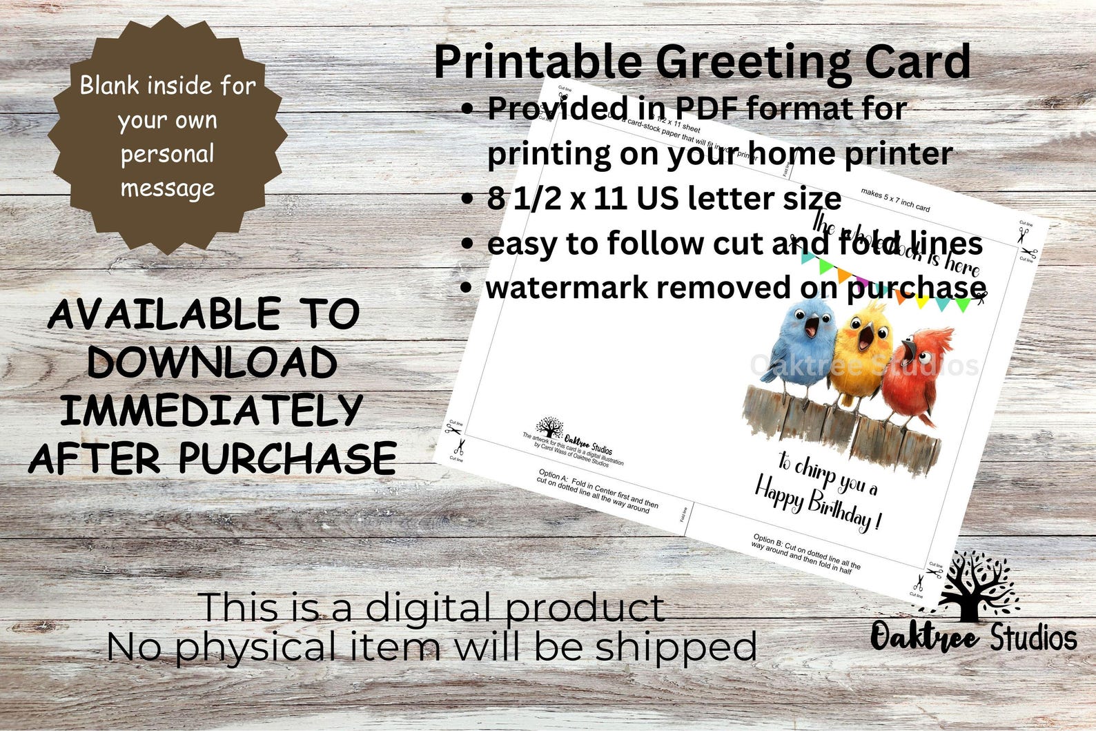 Whimsical Bird Theme Birthday Card - Printable Digital File, Happy ...