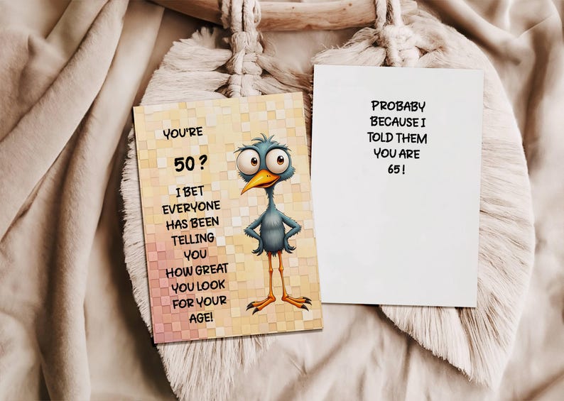 Funny 50th Birthday Card, Printable Greeting Card, Whimsical Bird Design, Digital Download ...