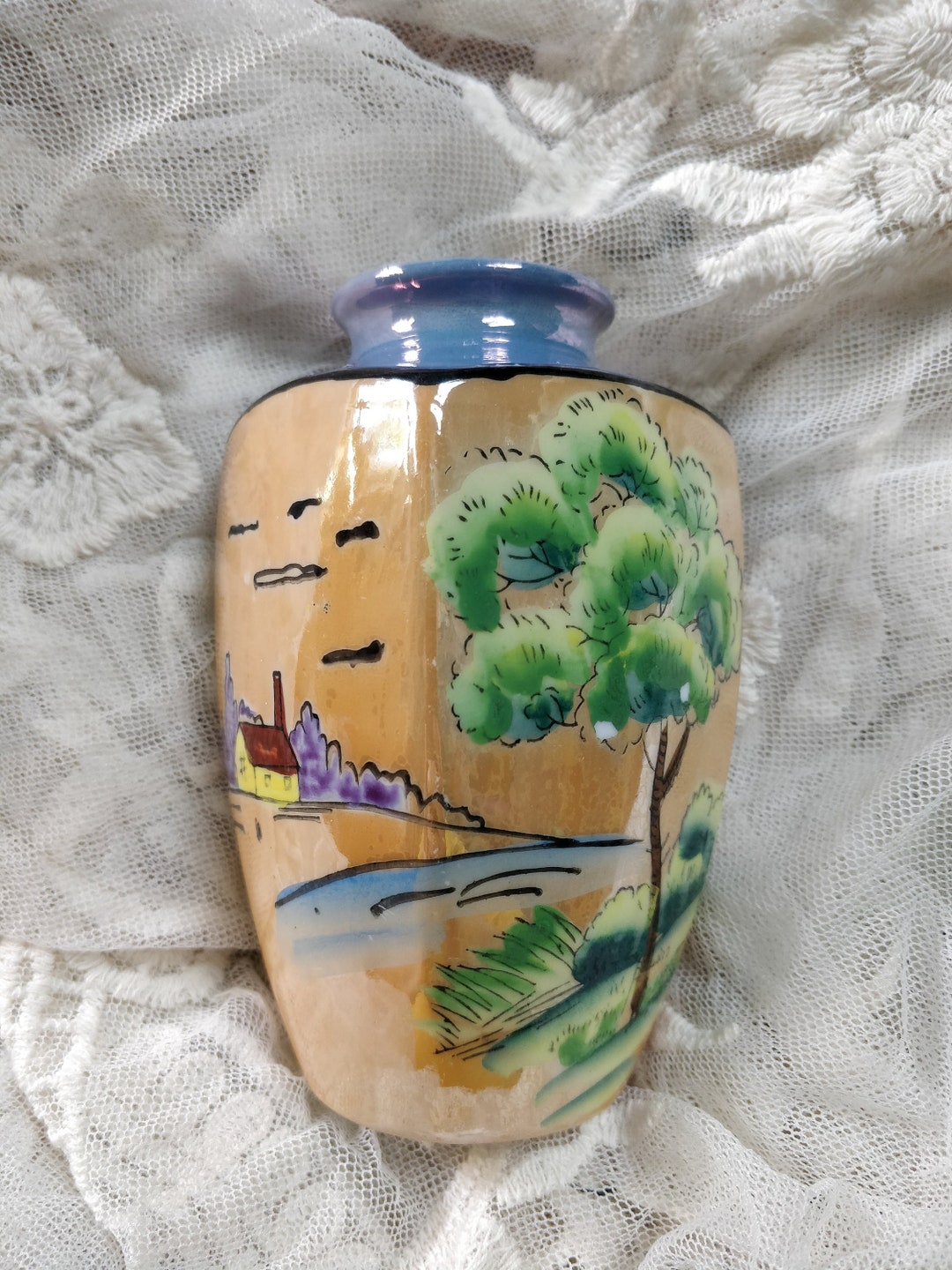 Peach & Blue Japanese Lusterware Bud Vase - Etsy