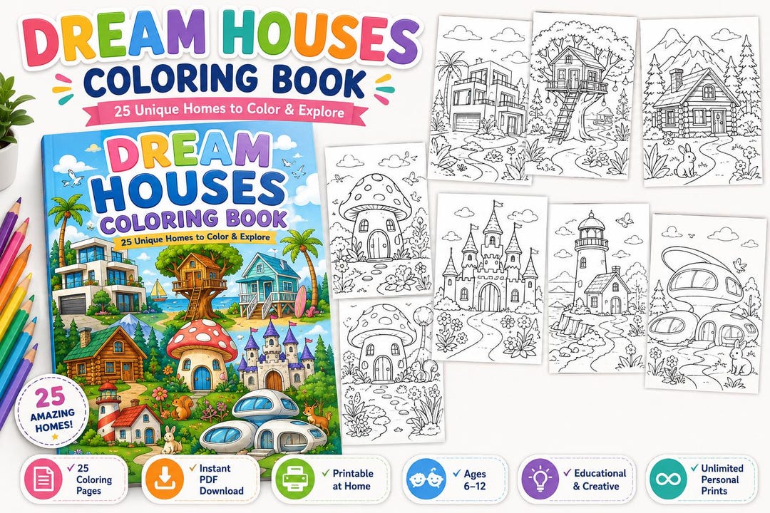 Dream Houses Coloring Book | 25 Unique Homes for Kids and Adults ...
