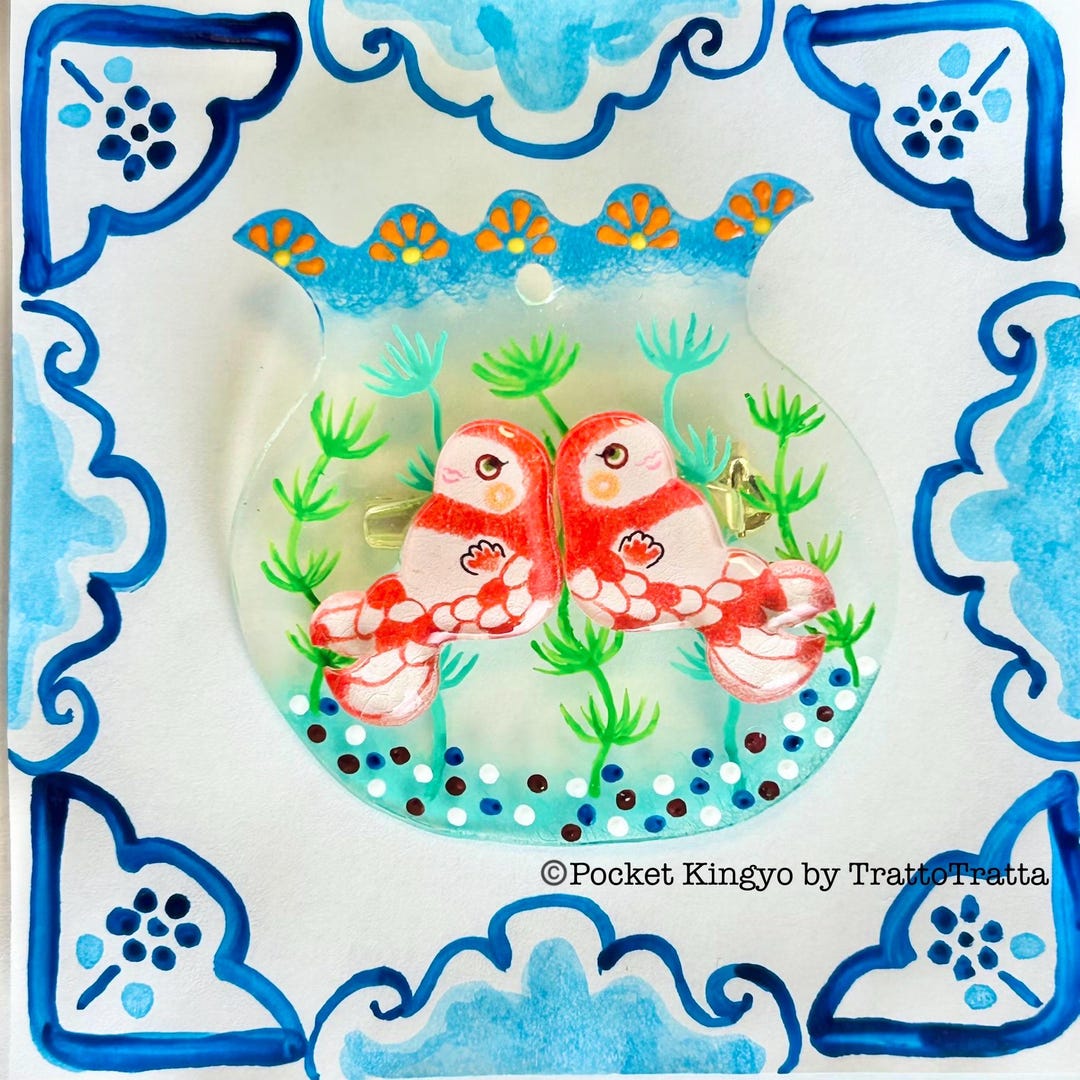 Kingyo Goldfish in a Fish Bowl Brooch & Stand SetーKawaii Pocket ...